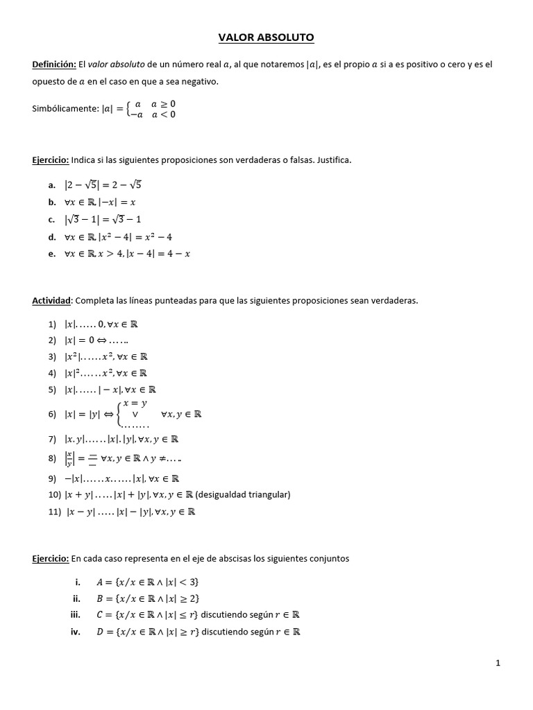 Definición y Ejercicios de Valor Absoluto | PDF | Número Real | Álgebra ...
