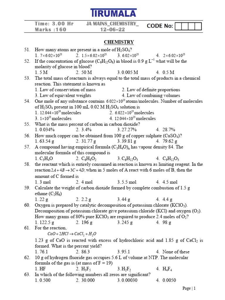 Upcoming JR Adv (Mans) Che 12-06-22 | PDF | Mole (Unit) | Physical ...