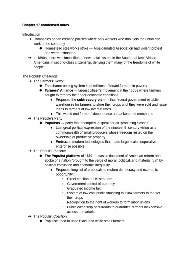 APUSH Chapter 17 Condensed Notes | PDF | People's Party (United States ...