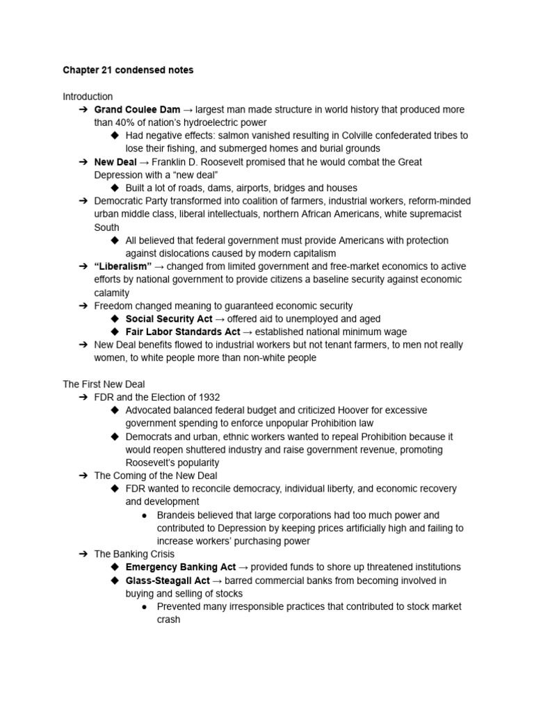 APUSH Chapter 21 Condensed Notes | PDF | New Deal | Franklin D. Roosevelt