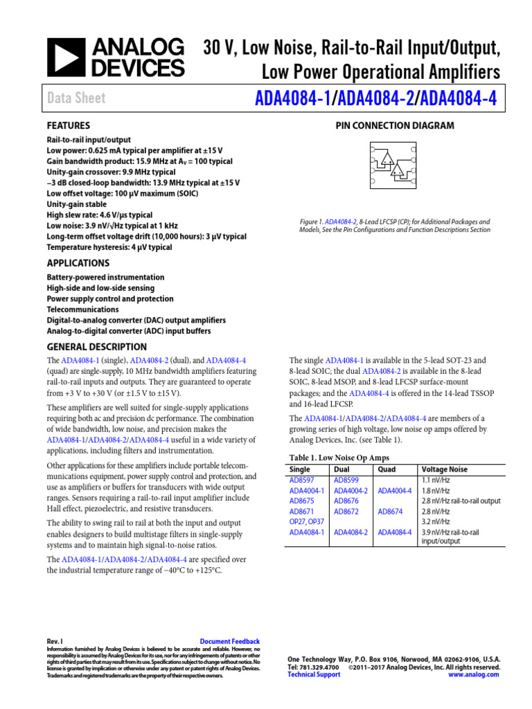 ADA4084 Data Sheets | PDF | Amplifier | Operational Amplifier