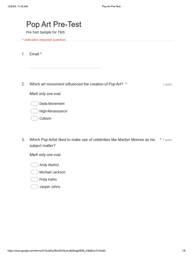 Pop Art Pre-Test - Google Forms | PDF | The Arts | Modern Art