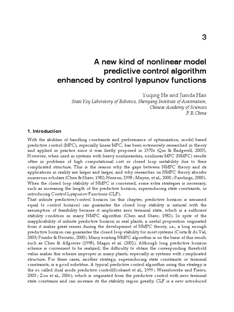 Intech A New Kind Of Nonlinear Model Predictive Control Algorithm Enhanced By Control Lyapunov