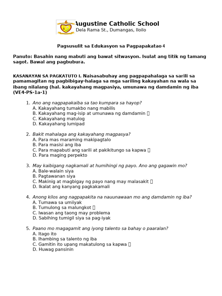Formative Assessment Grade 4 Quarter1 Values Education | PDF