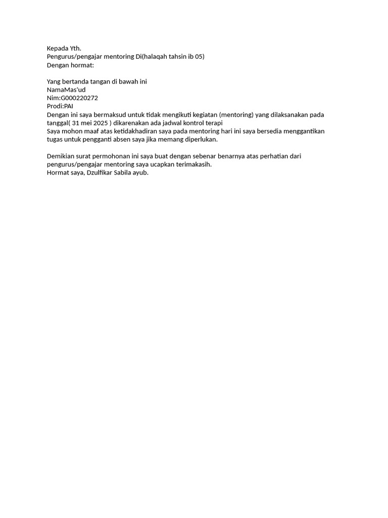 Surat Izin Mentoring TGL 31 Mei | PDF