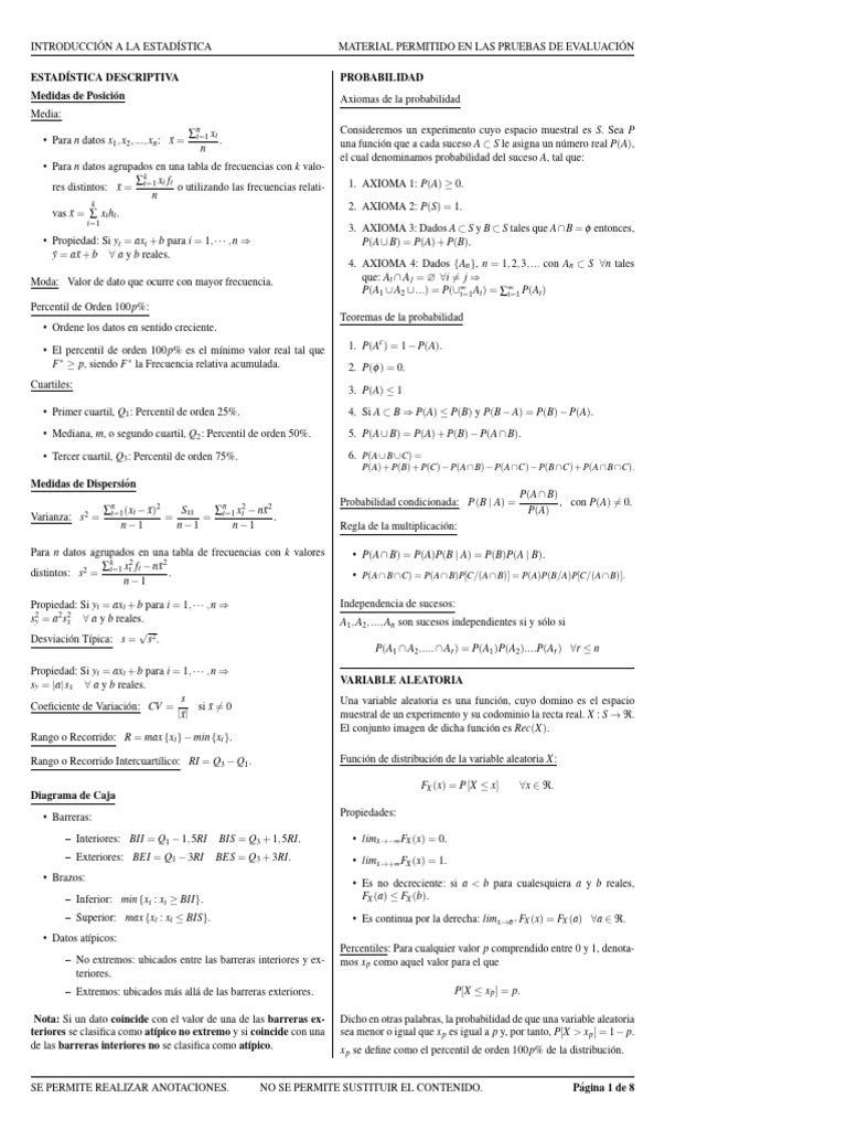 Hoja de Fórmulas 2025 | PDF | Variable aleatoria | Función (Matemáticas)
