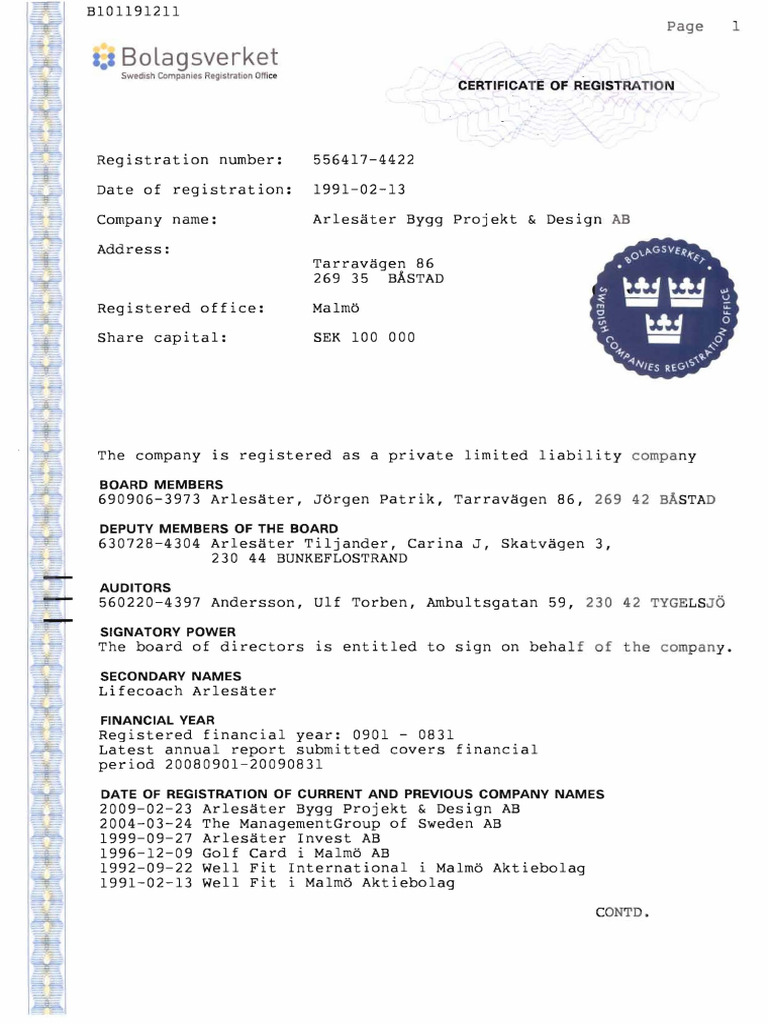 Bilaga 8 Registreringsbevis Arlesäter Bygg Projekt & Design 110210 | PDF | Sweden