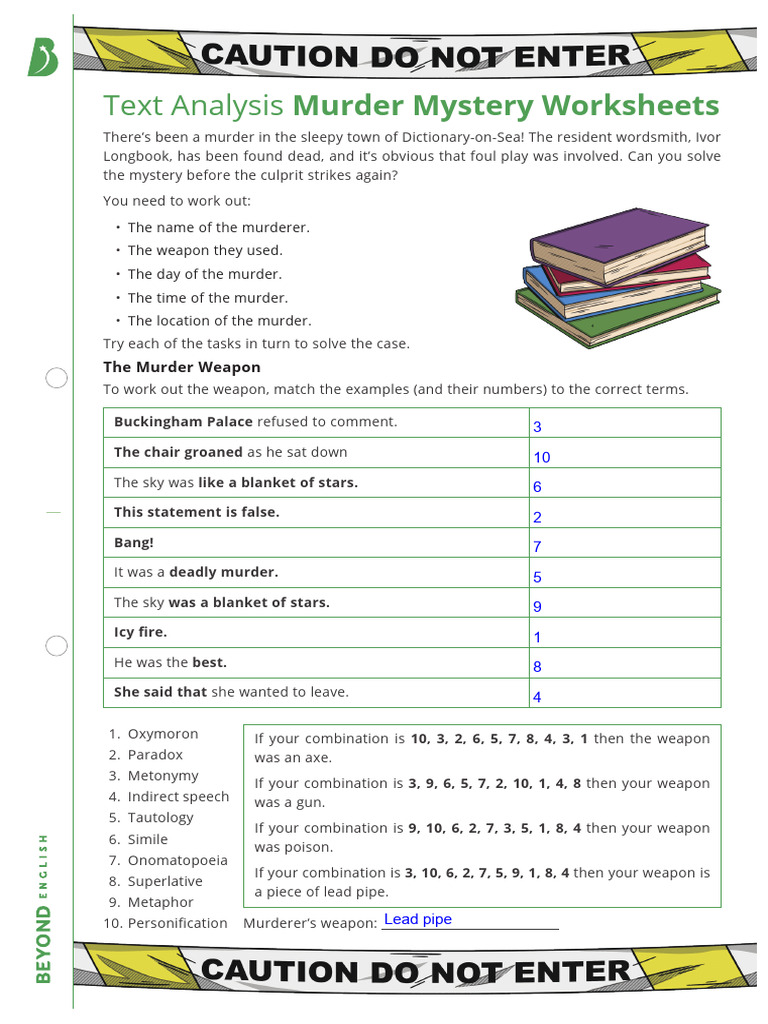 Murder Mystery Worksheet - The Murder Weapon | PDF