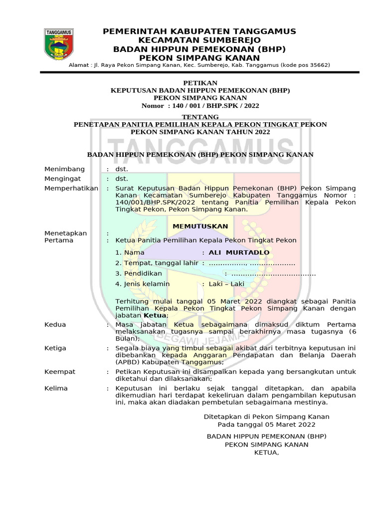 2. Petikan SK Ketua & Bendahara Panitia PILKAKON Simpang Kanan 2022 | PDF