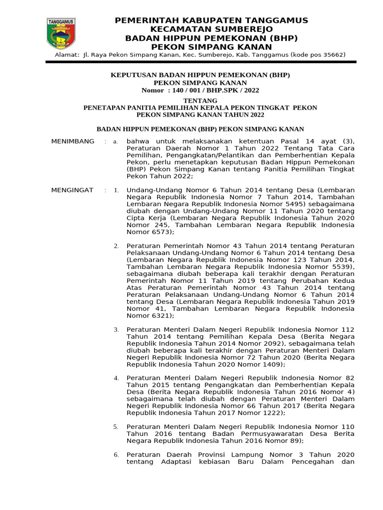 1. SK-BA Panitia PILKAKON Simpang Kanan 2022 | PDF