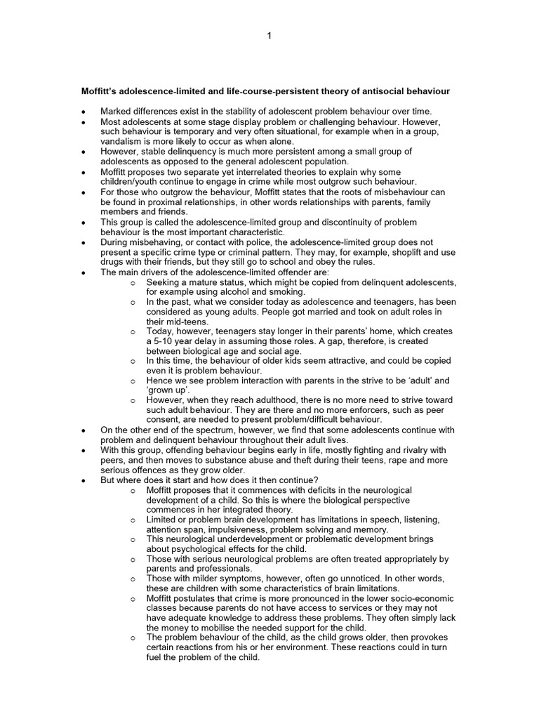 Study Unit 11 Moffitt's Adolescence-Limited and Life-Course-Persistent Theory of Antisocial ...