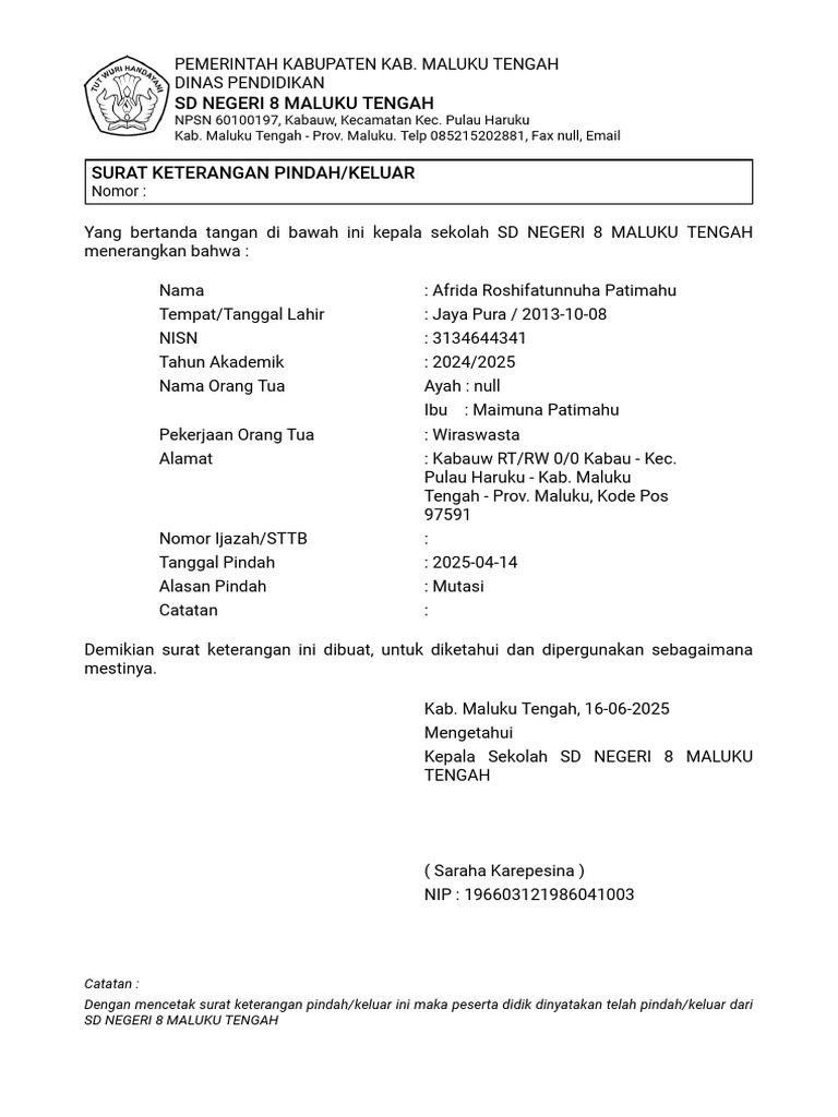 Surat Keterangan Pindah Keluar | PDF