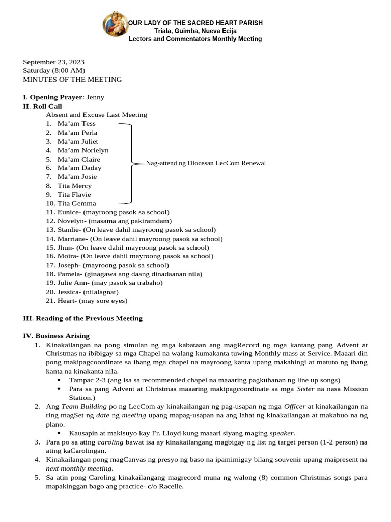 Monthly Meeting Agenda - September | PDF