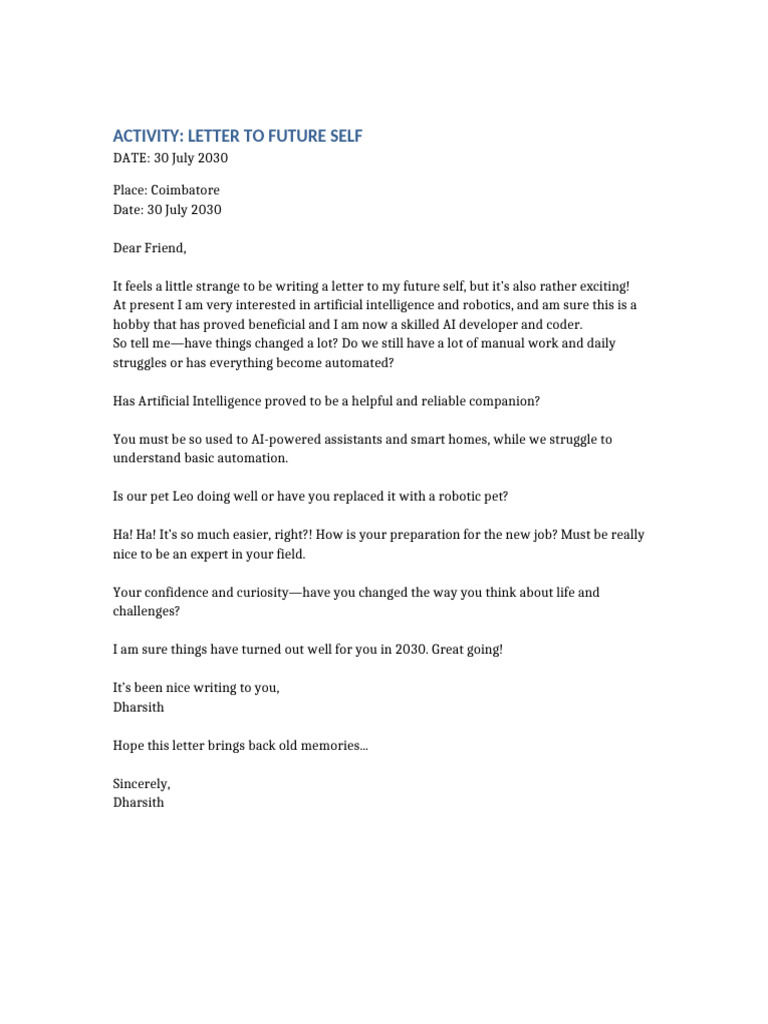 Letter to My Future Self: 2030 Reflections | PDF