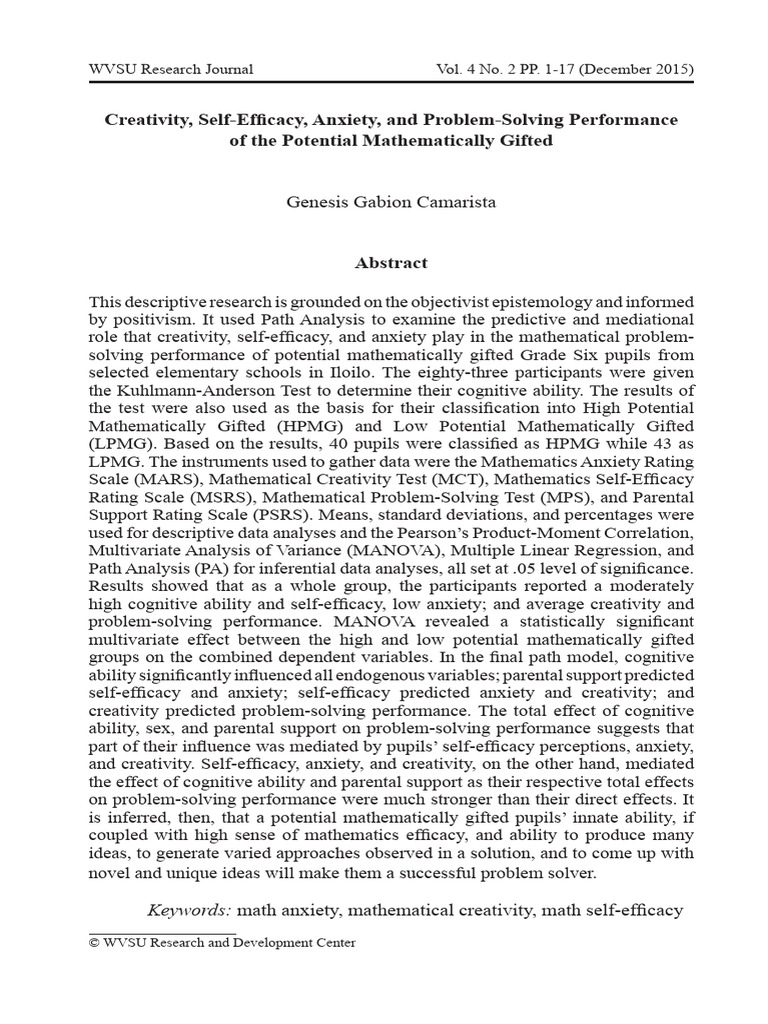 Creativity, Self-Efficacy, Anxiety, and Problem-Solving Performance | PDF | Self Efficacy ...