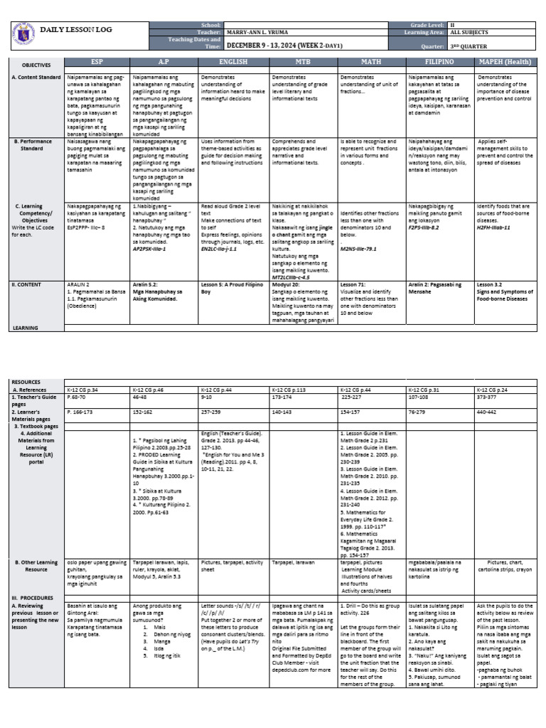 DLL All Subjects 2 q3 w2 d1 | PDF
