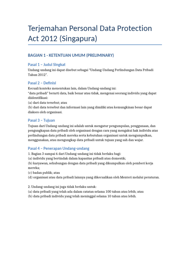 Terjemahan PDPA Singapura Bagian1 Lengkap | PDF