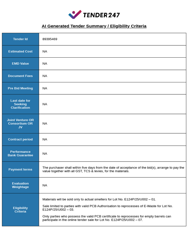 Tender Summary 89395469 | PDF
