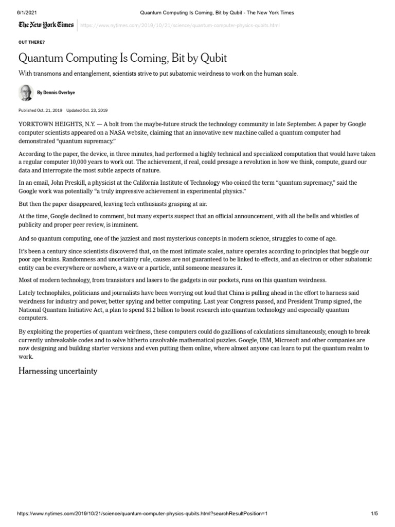 Quantum Computing Is Coming, Bit by Qubit - The New York Times | PDF ...