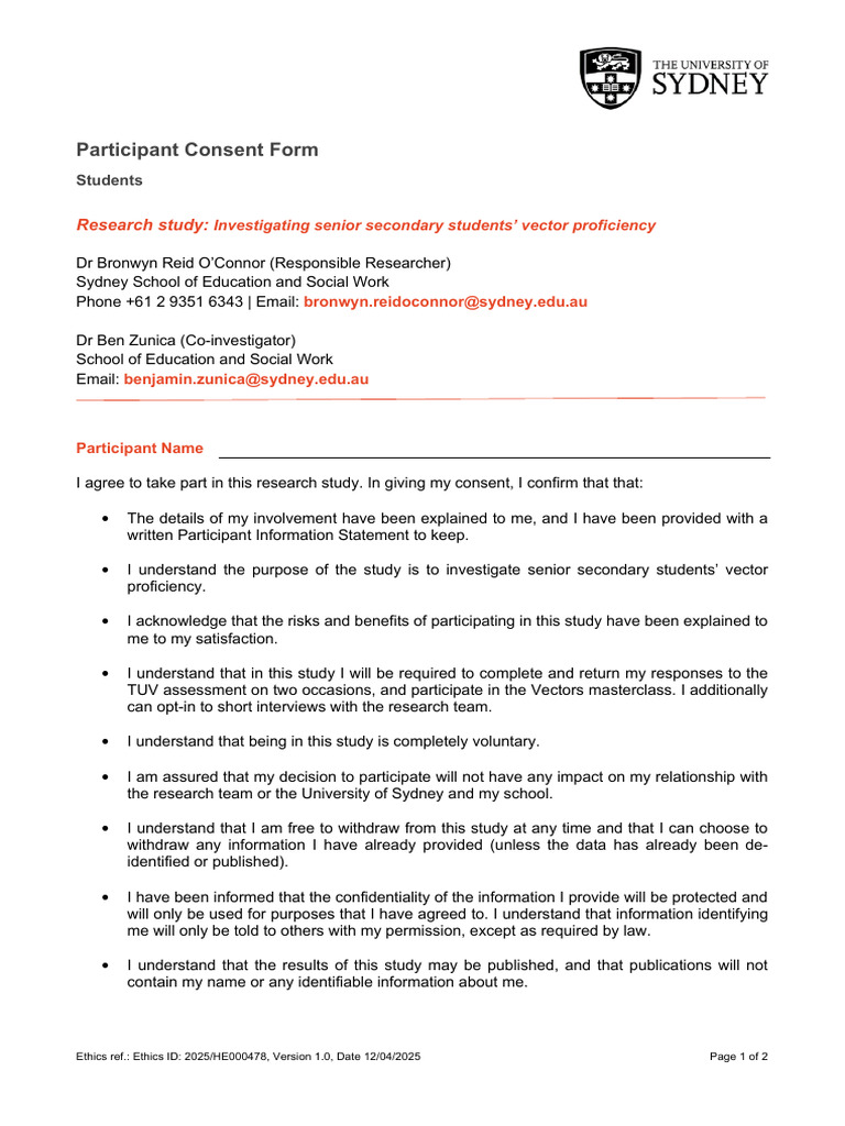 Participant Consent Form Students Vectors | PDF