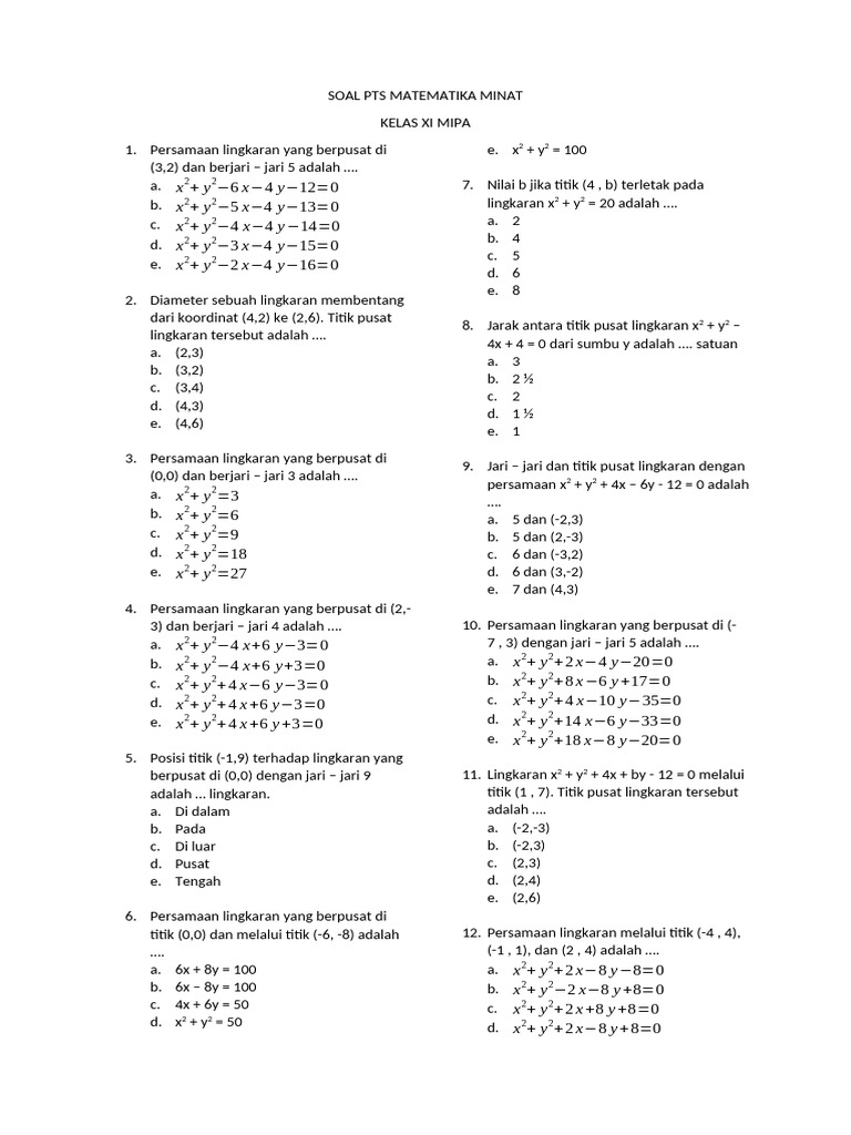 Soal Pts Matematika Minat Kelas Xi Mipa | PDF