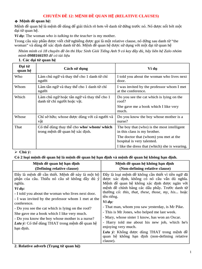 18 Chuyen de On Thi HSG 9 Chuyen de 12 Menh de Quan He Relative Clauses | PDF