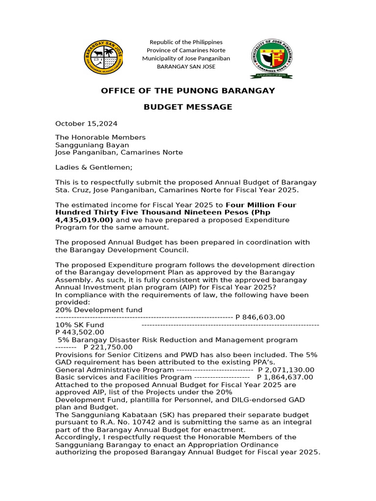 Barangay San Jose Budget Message 2025 | PDF