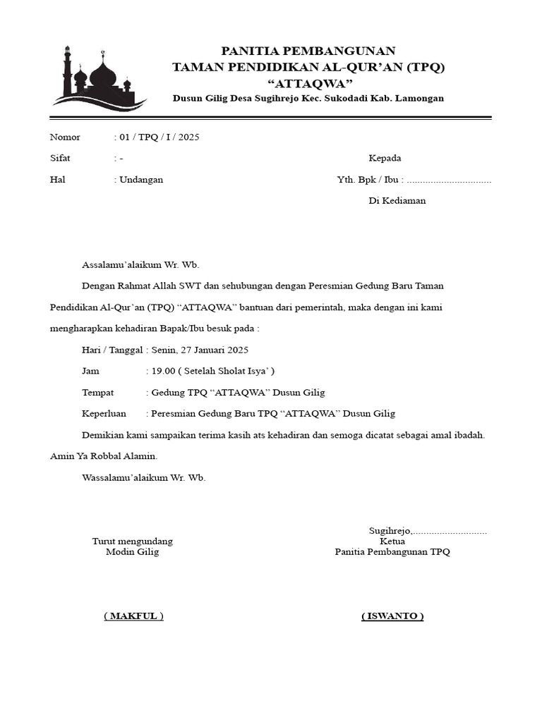 Undangan Peresmian Gedung TPQ | PDF