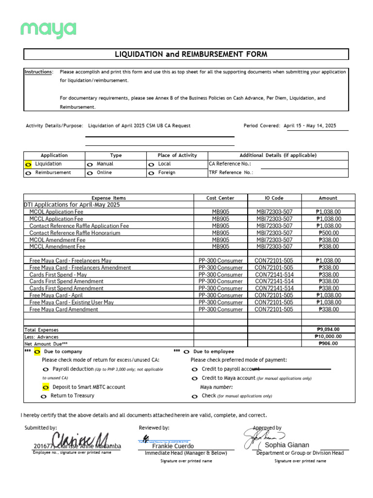 Liquidation and Reimbursement Form (2) - Signed | PDF | Payments