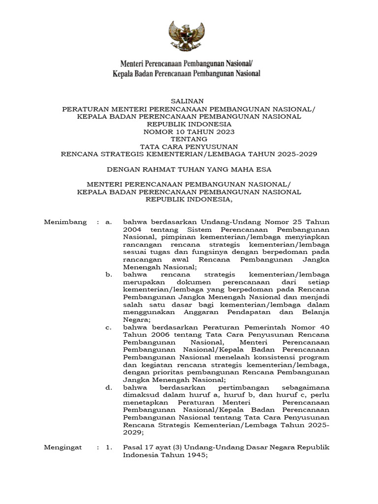 Permen PPN Bappenas No. 10 Tahun 2023 Tata Cara Penyusunan Tentang Rencana Strategis Kementerian ...
