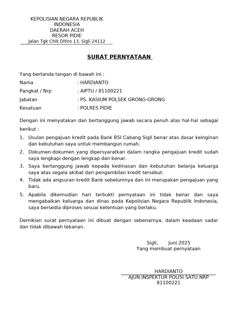 Surat Pernyataan Bank | PDF