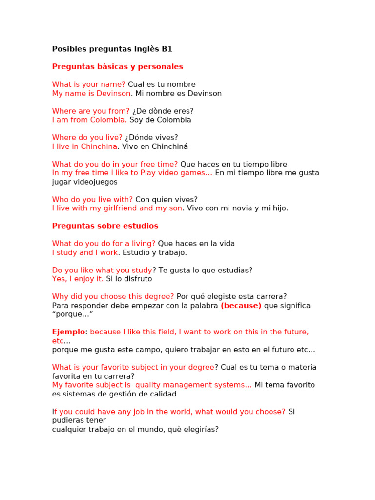 Preguntas Basicas Ingles | PDF