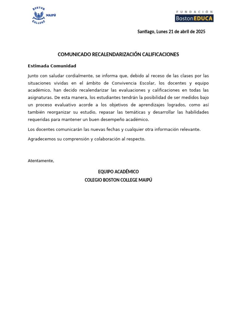 Comunicado N°1 Recalend. Evaluaciones | PDF