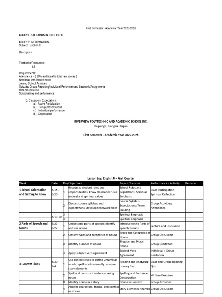 English 8 Course Syllabus 2025-2026 | PDF | Subject (Grammar ...