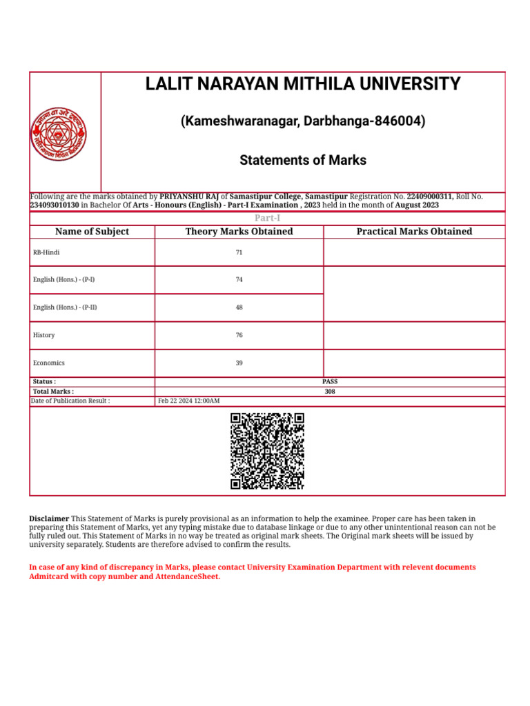 Part 1 Marksheet | PDF