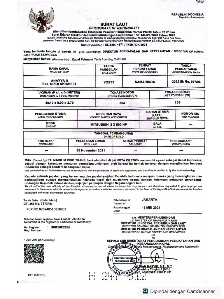 Endorse Surat Laut LCT Anayya Ii Eks Rizqi Akbar 01 | PDF