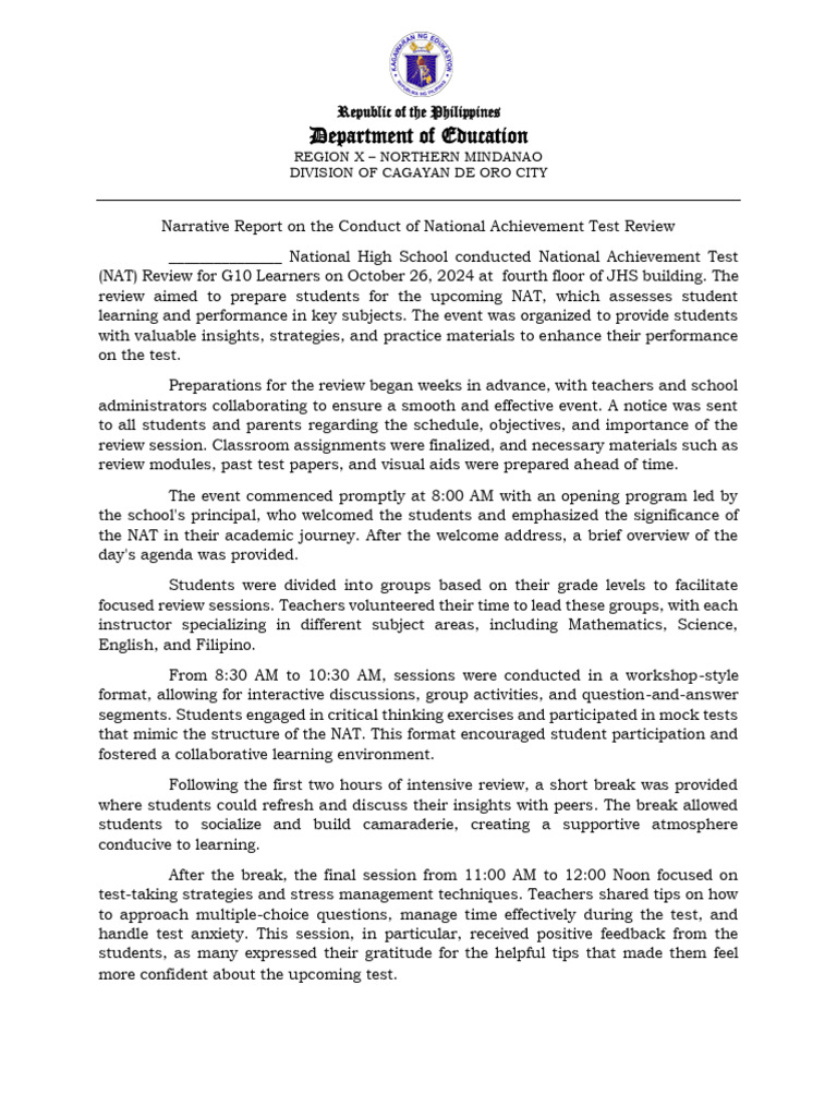 Narrative Report-Nat Review | PDF | Teachers | Cognition