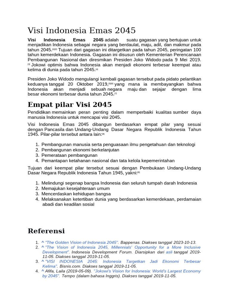 Visi Indonesia Emas 2045 dan Pilar-pilarnya | PDF