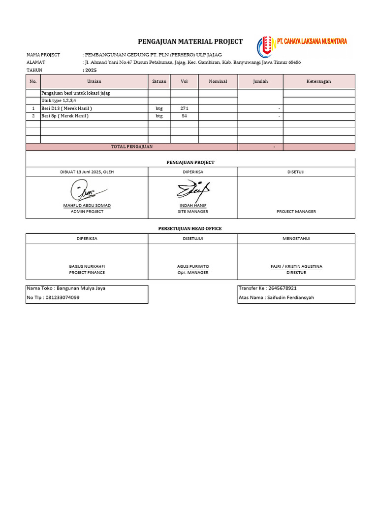 Pengajuan Material Besi 13 Juni 2025 | PDF