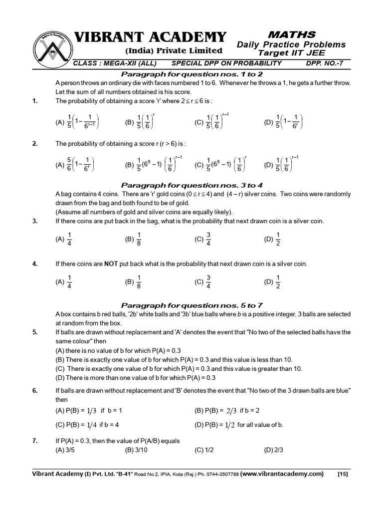 Probability Practice Problems for IIT JEE | PDF | Mathematics | Probability