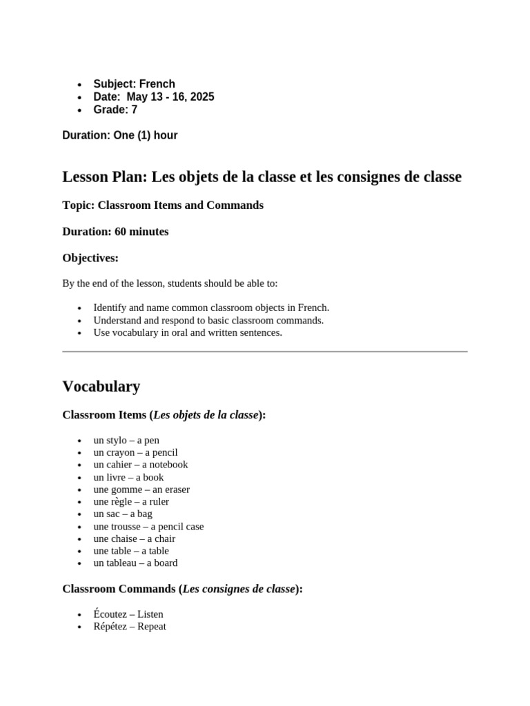 French Classroom Objects & Commands Lesson | PDF | French Language ...