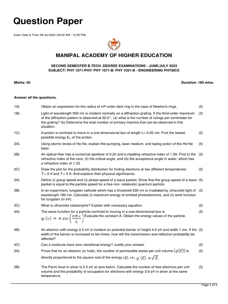 Engineering Physics (PHY 1071) (Makeup) | PDF | Electron | Diffraction