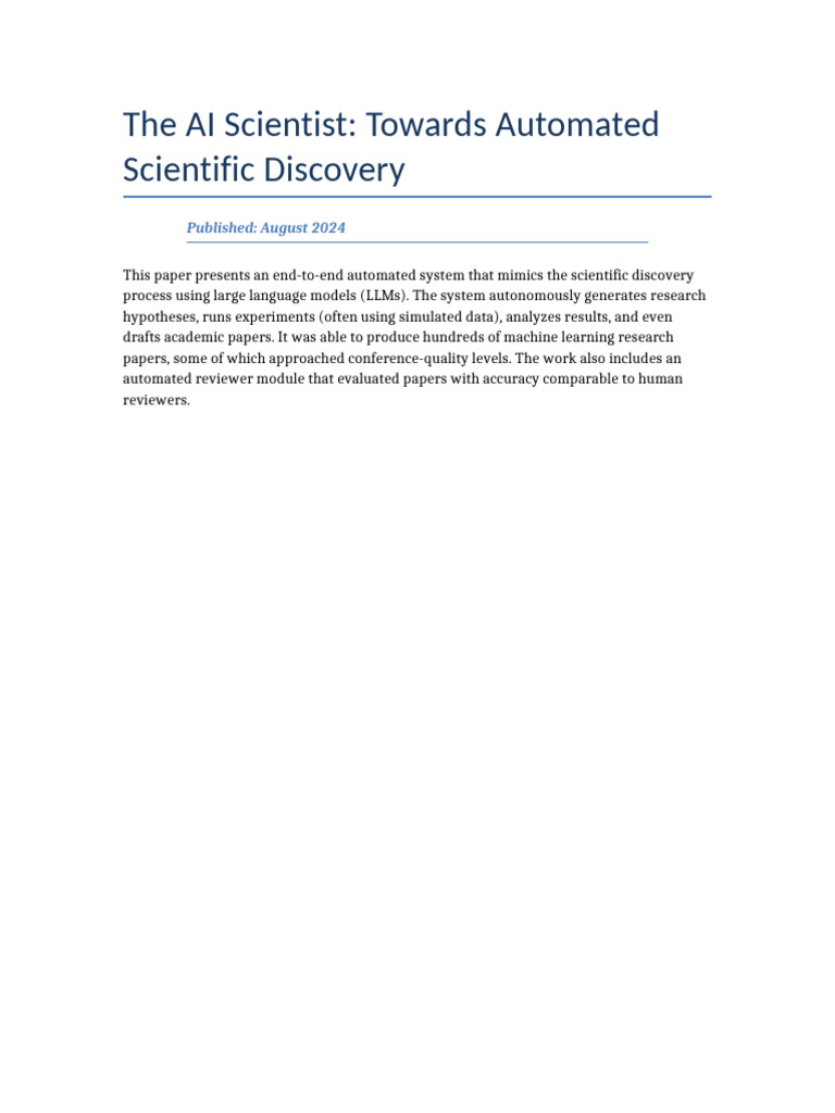 AI Scientist Automated Discovery Summary | PDF