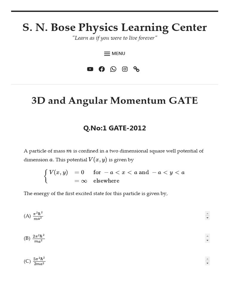 3D and Angular Momentum GATE - S. N. Bose Physics Learning Center | PDF ...