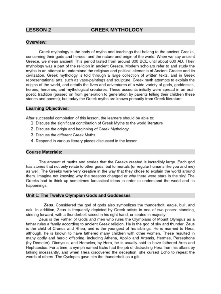 Lesson 2greek Mythology | PDF | Apollo | Twelve Olympians