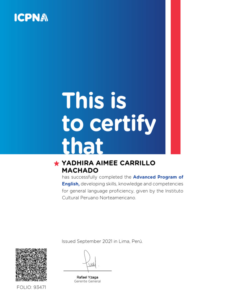 Icpna - Certificado-Yadhira Machado-Advanced Program of English ...