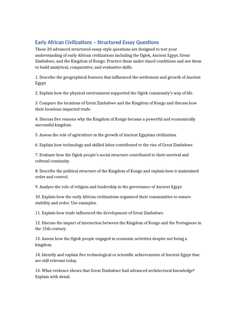 Structured Essay Questions on Early Africa | PDF