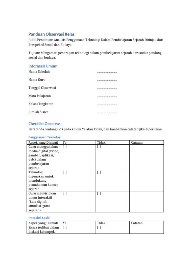 Panduan Observasi Kelas Pembelajaran Sejarah | PDF