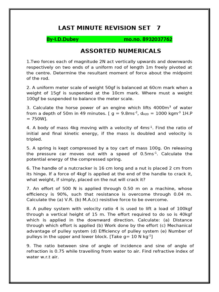 X Phy Set 7 Numericals | PDF | Electric Current | Water