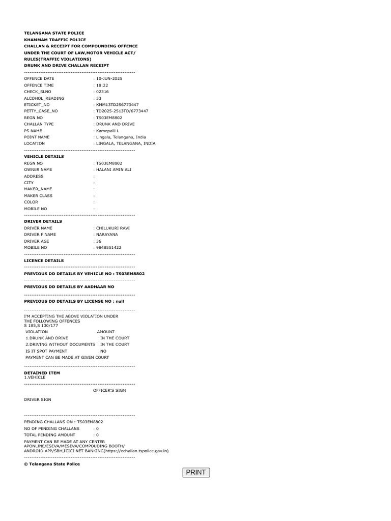 Telangana Drunk Driving Challan Details | PDF | Road Transport ...